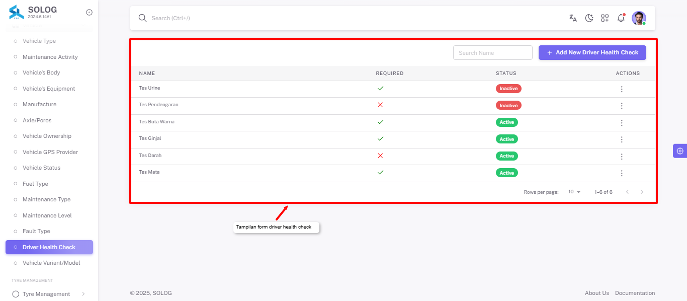 Driver Health Check Configuration - SOLOG One